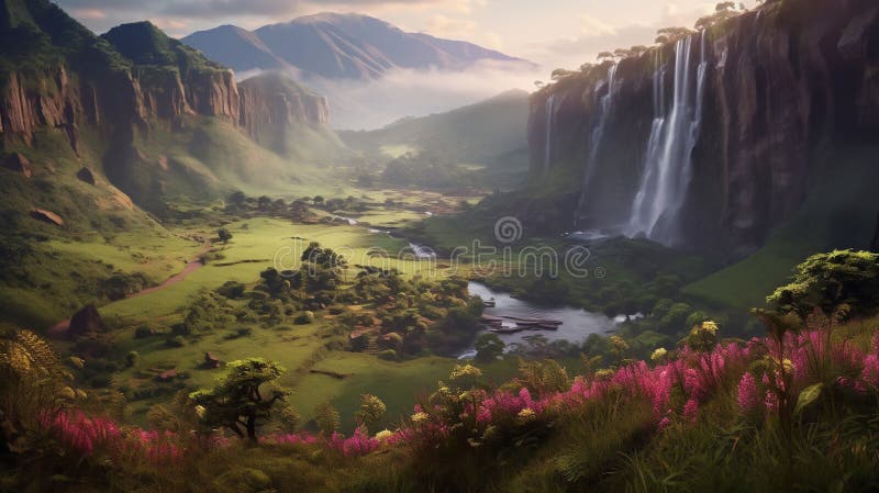 AI Generated Mountain Valley with Falling Waterfalls Stock Illustration ...