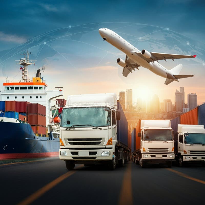 AI-Generated Multi-Modal Shipping Scene with Cargo Ship, Semi-Trucks ...