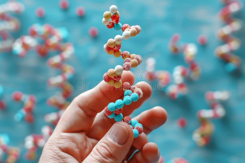 Multicolored Beaded DNA Helix Held in Hand, Light Blue Background ...