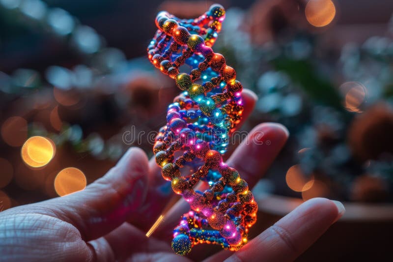 Multicolored Beaded DNA Strand Held in Hand, Dark Background, Intricate ...