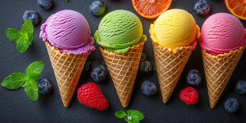 Multicolored Rainbow Ice Cream Scoops Arranged in Waffle Cones with Fresh Fruit Garnishes on a ...