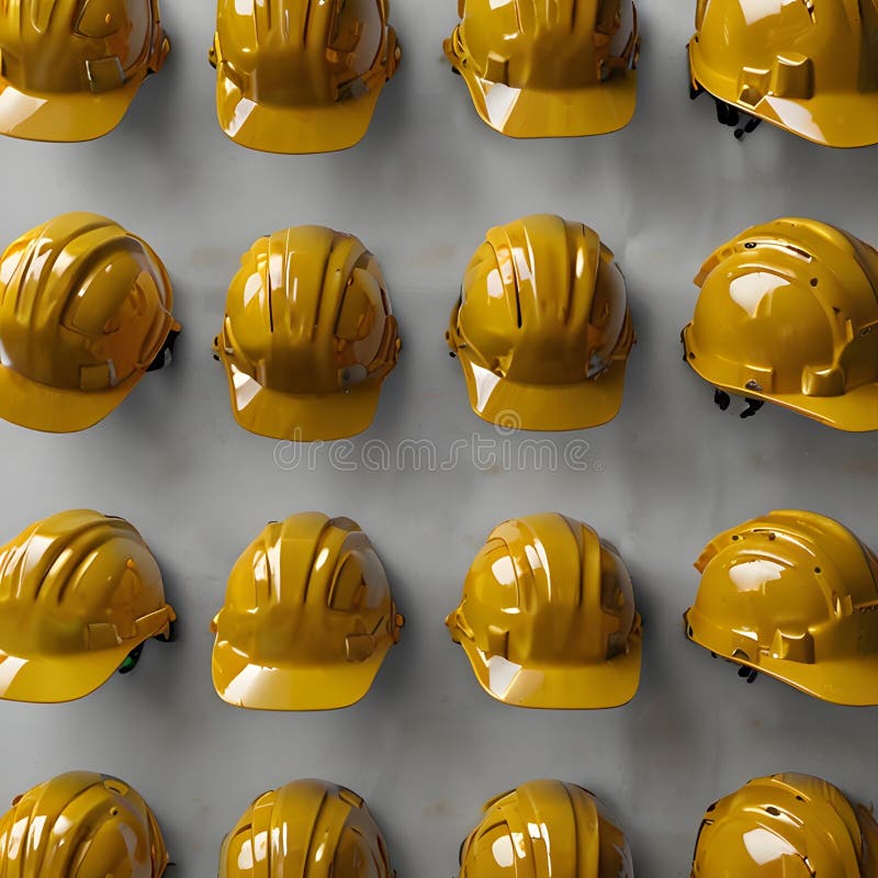 Multiple Yellow Construction Hard Hats Arranged in a Grid Pattern Stock ...
