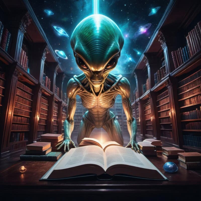 AI-Generated Mysterious Alien Scholar Studying Ancient Books in a ...