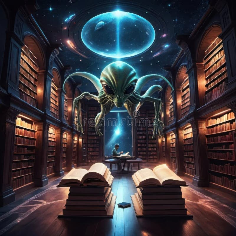 AI-Generated Mysterious Alien Scholar Studying Ancient Books in a ...