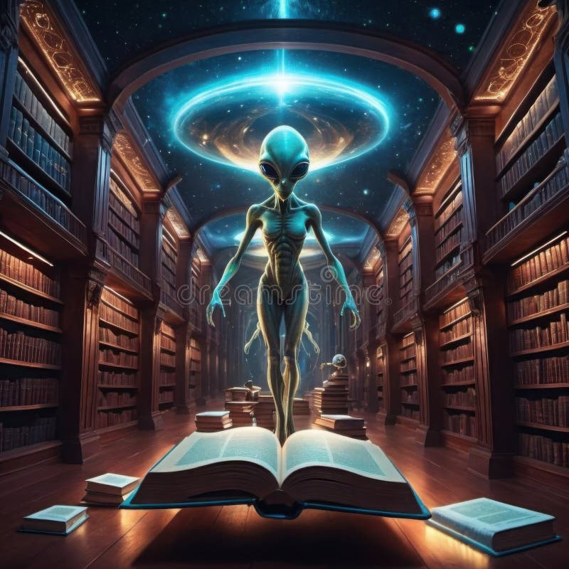 AI-Generated Mysterious Alien Scholar Studying Ancient Books in a ...