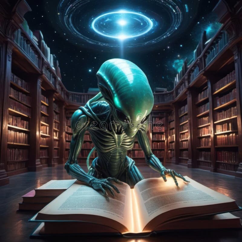 AI-Generated Mysterious Alien Scholar Studying Ancient Books in a ...