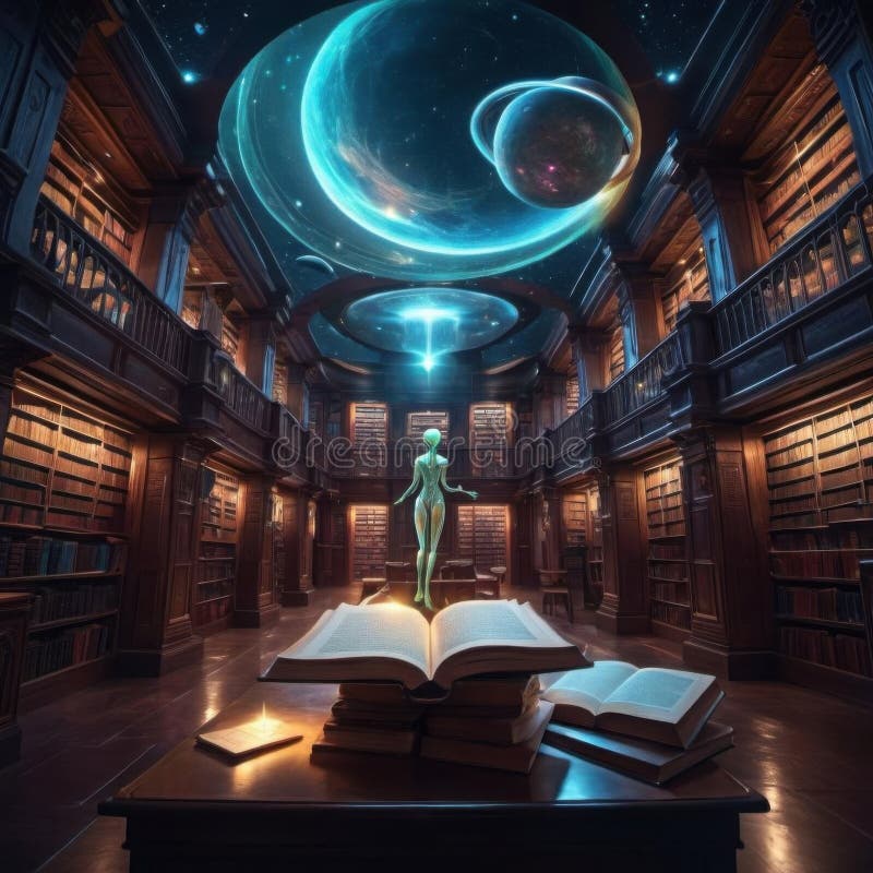 AI-Generated Mysterious Alien Scholar Studying Ancient Books in a ...