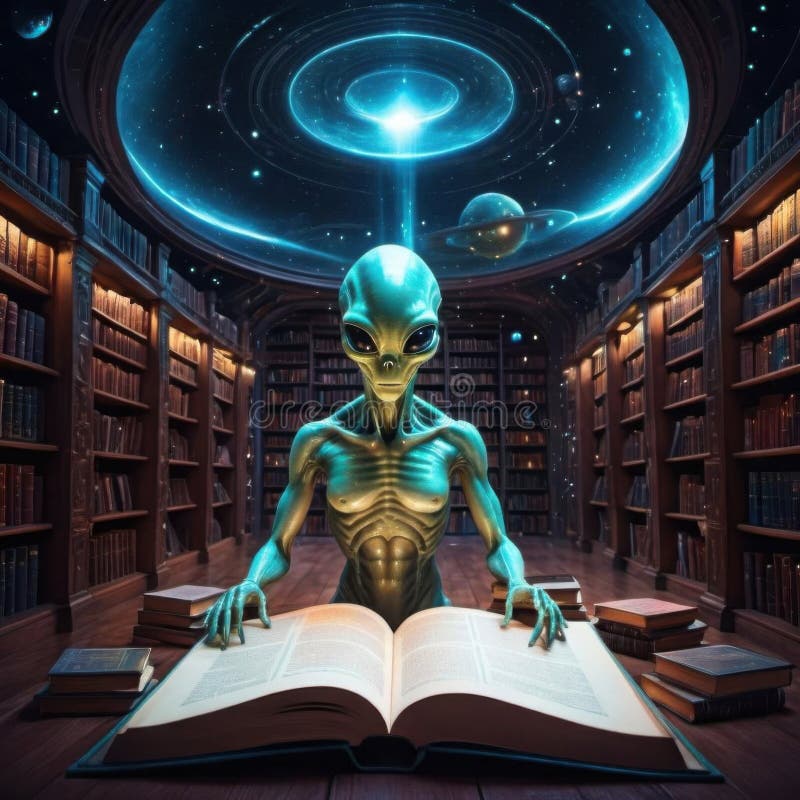 AI-Generated Mysterious Alien Scholar Studying Ancient Books in a ...