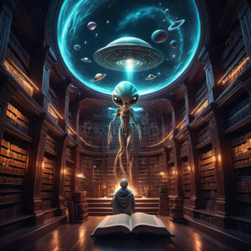 AI-Generated Mysterious Alien Scholar Studying Ancient Books in a ...