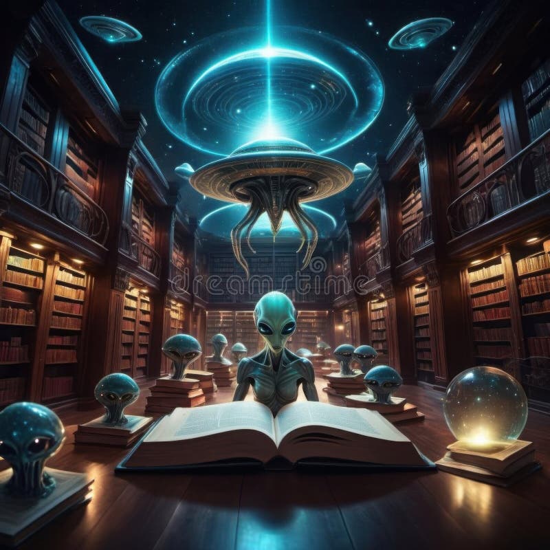 AI-Generated Mysterious Alien Scholar Studying Ancient Books in a ...