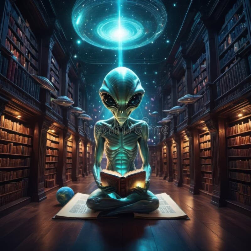 AI-Generated Mysterious Alien Scholar Studying Ancient Books in a ...
