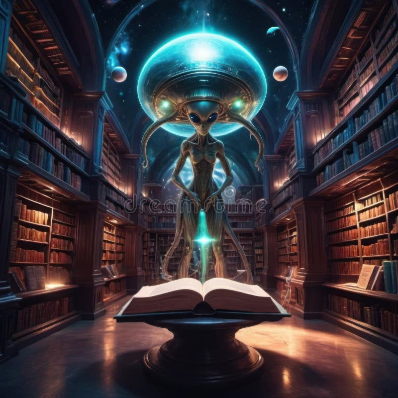 AI-Generated Mysterious Alien Scholar Studying Ancient Books in a ...