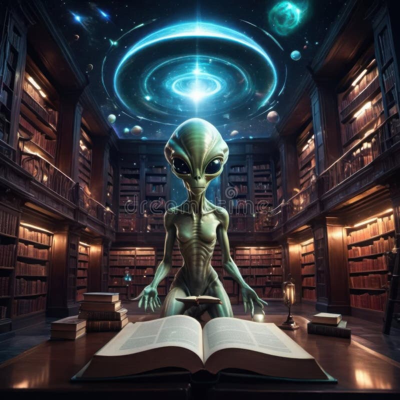 AI-Generated Mysterious Alien Scholar Studying Ancient Books in a ...