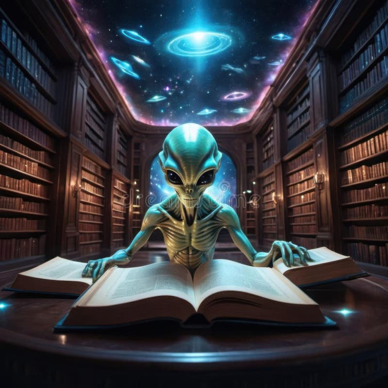 AI-Generated Mysterious Alien Scholar Studying Ancient Books in a ...