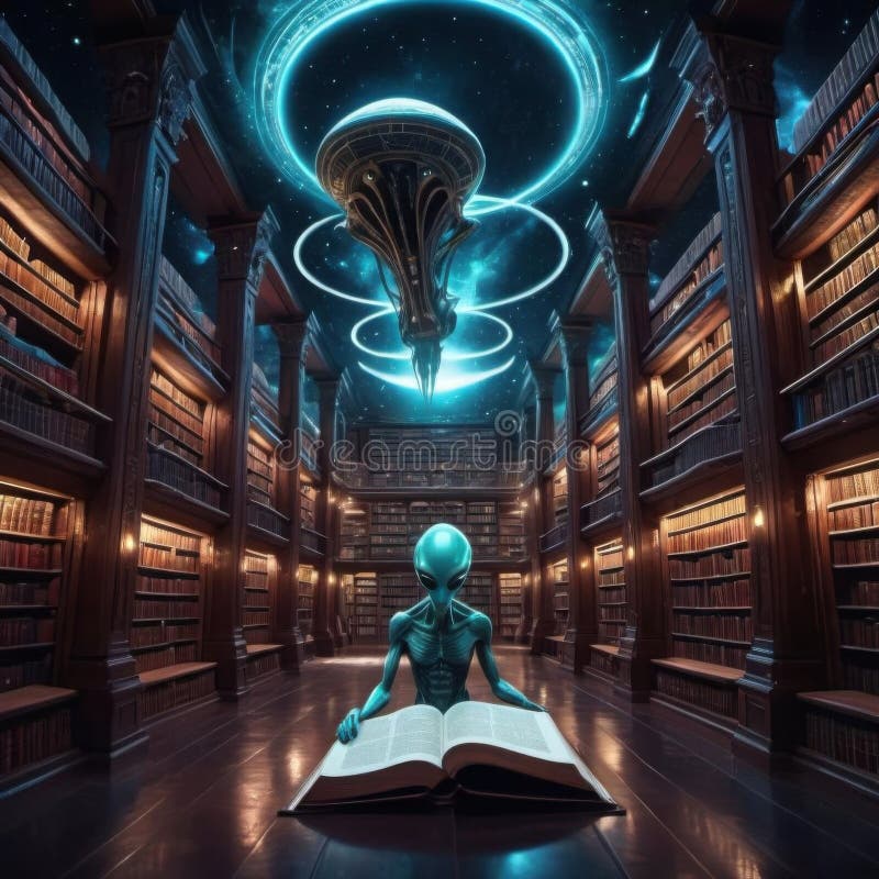 AI-Generated Mysterious Alien Scholar Studying Ancient Books in a ...