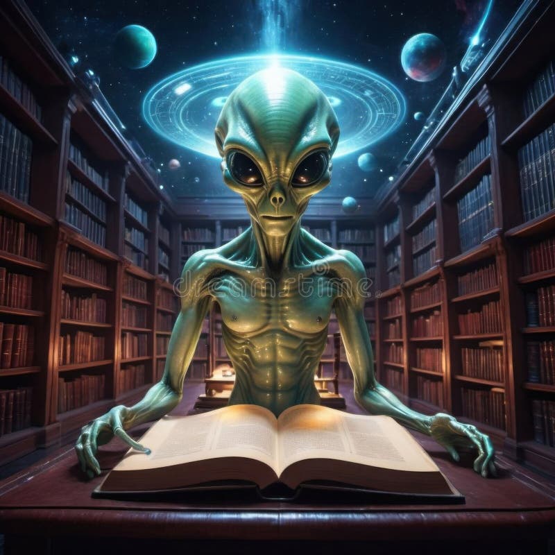 AI-Generated Mysterious Alien Scholar Studying Ancient Books in a ...