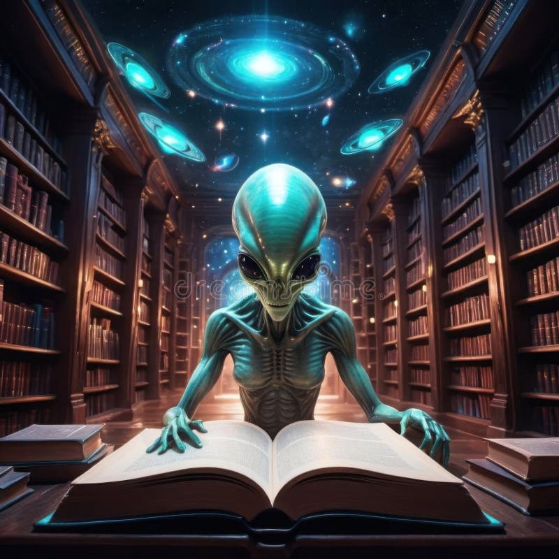 AI-Generated Mysterious Alien Scholar Studying Ancient Books in a ...