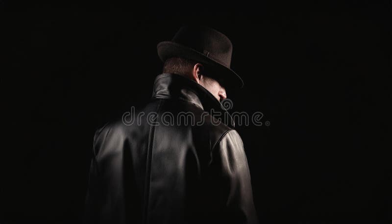 AI-generated Mysterious Man in a Leather Coat and Hat, Back View ...