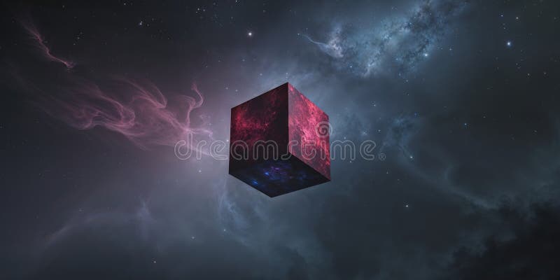 Mysterious Red Cube Floating in Dark Nebula Space Background Stock ...