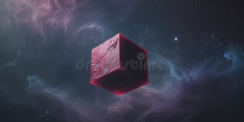 Mysterious Red Cube Floating in Dark Nebula Space Background. Stock ...