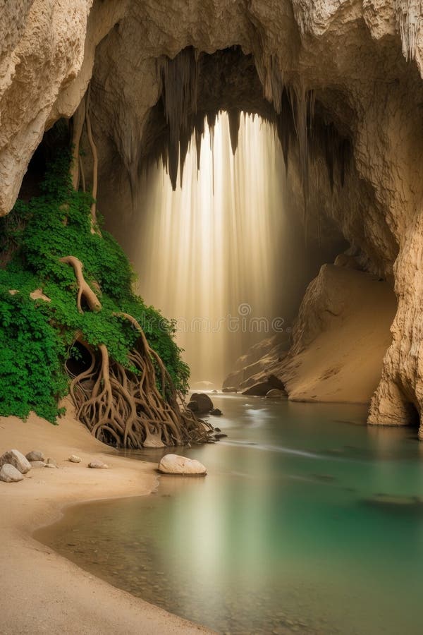 Mystical Cave Entrance with Golden Light and Water. Stock Photo - Image ...