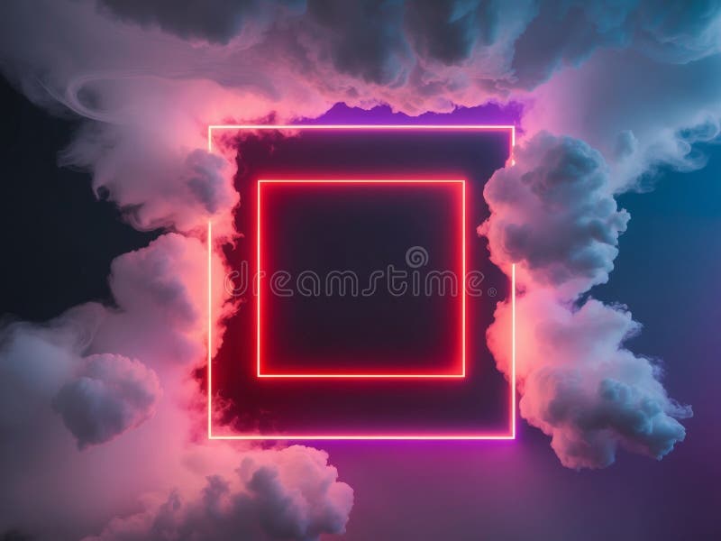 Neon Cloud Formation with Glowing Red Square Frame Abstract Digital Art ...