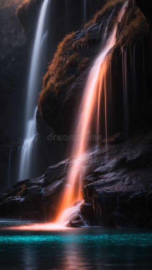 A Neon-lit Waterfall Cascading into a Glowing Pool of Water Surrounded ...