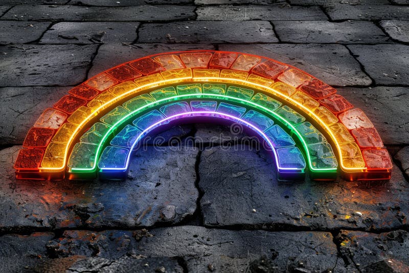 Neon Rainbow Arch on Brick Wall Background, Capturing Urban Vibes and ...