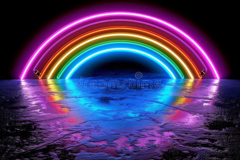 Neon Rainbow Arch Reflected on a Wet Surface, Set Against a Night Sky ...