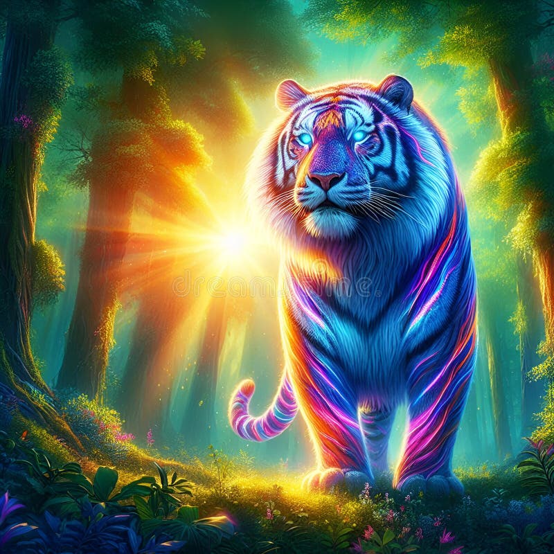 AI-Generated Neon Tiger in Enchanted Forest Stock Illustration ...