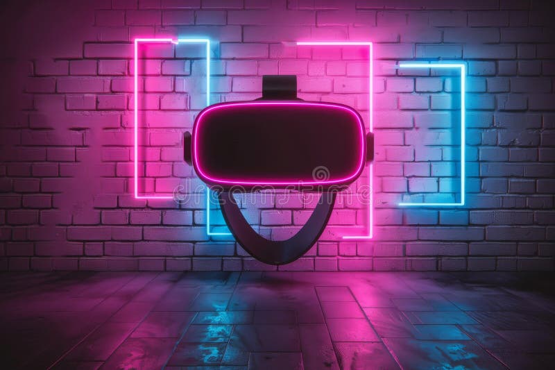 Neon VR Headset Against a Brick Wall, Representing Modern Virtual ...