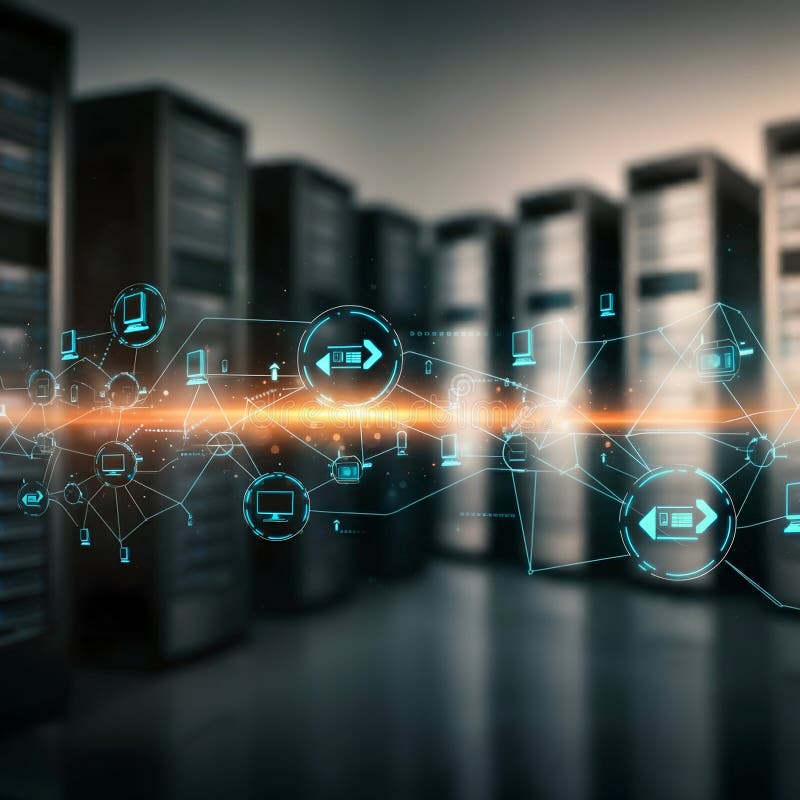 AI-generated Network of Computer Icons and Lines Over Blurred Server ...