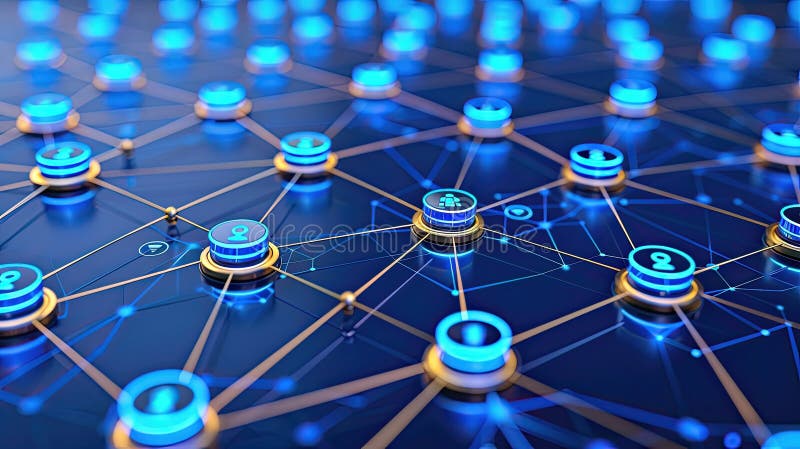 Network Grid with Interconnected Nodes and Icons. Stock Illustration ...