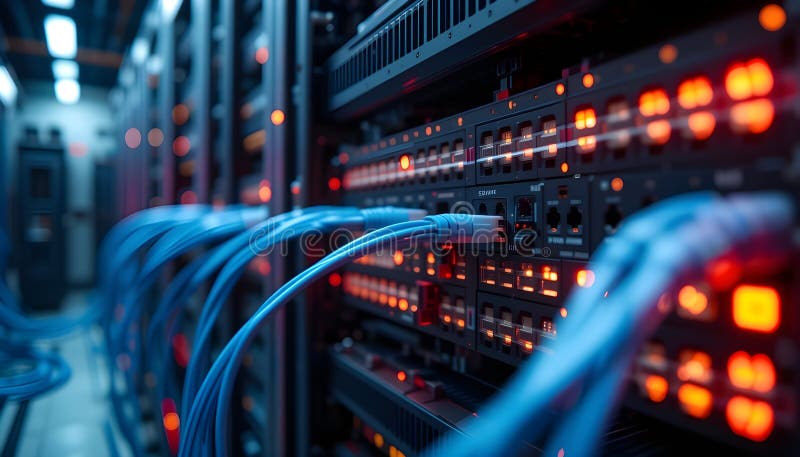 AI Generated Network Server Rack with Glowing Ethernet Cables and LED ...