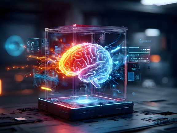AI-Generated Neural Brain in Transparent Cube with Data Interface ...