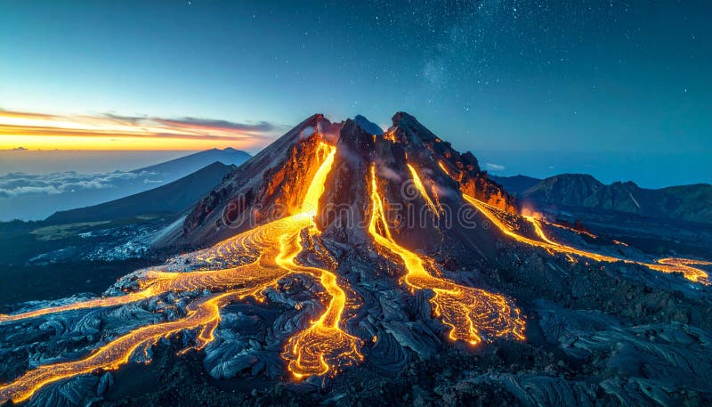 AI-Generated Night Eruption of a Volcano with Starry Sky Stock ...