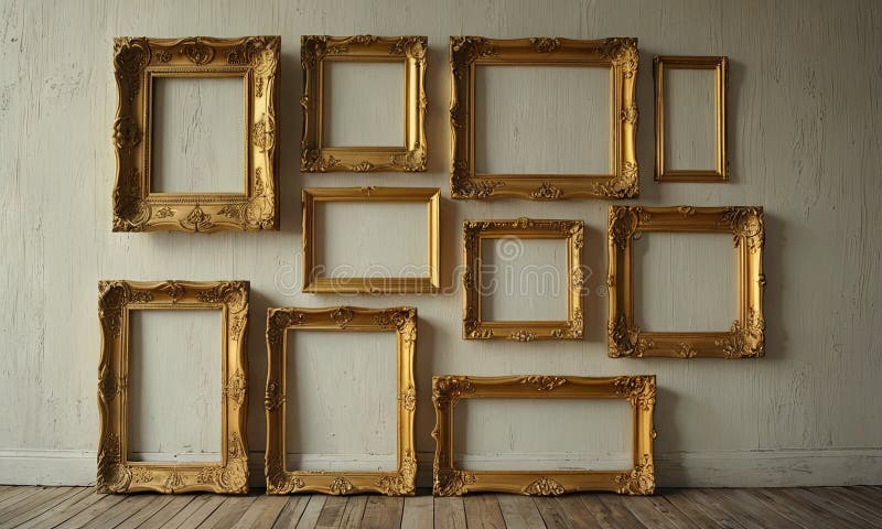 A Collection of Gold Picture Frames are Arranged on a Wall. Stock ...