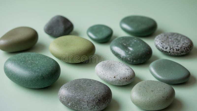 Nine Smooth Stones are Arranged on a Light Green Surface. Stock Photo ...