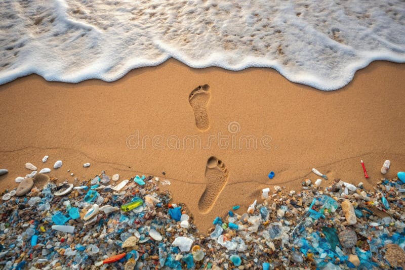 AI Generated Ocean Litter Awareness with Footprints and Waste Stock ...