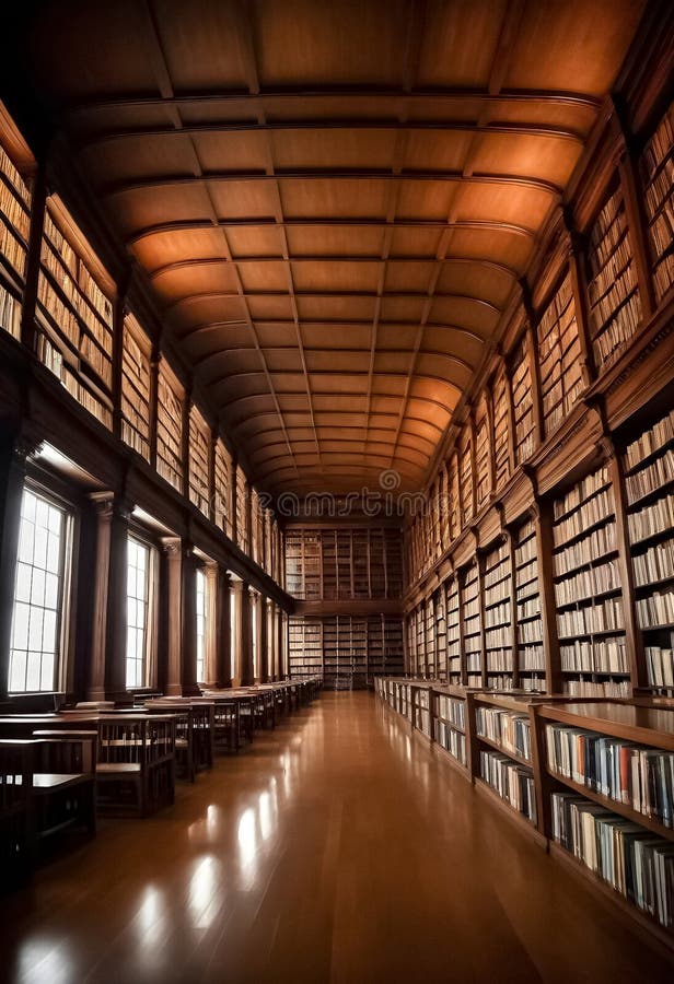A Long, Empty Library with Many Books on Shelves Stock Illustration ...