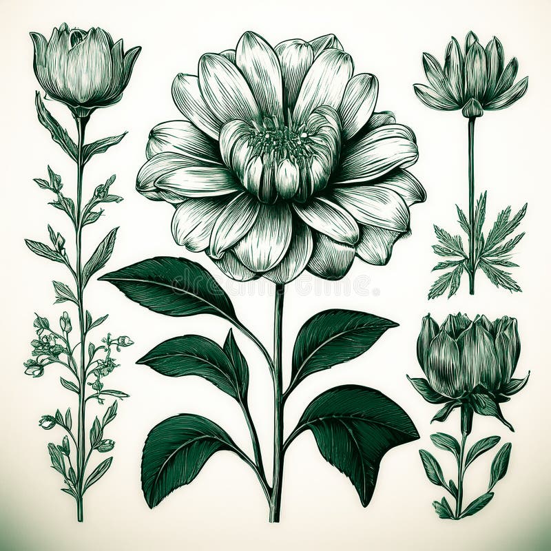 AI Generated. an Old Botanical Drawing of a Single Flower in Multiple ...