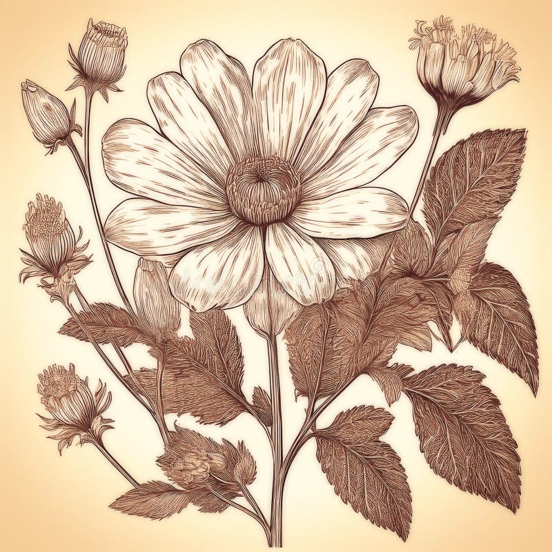 AI Generated. an Old Botanical Drawing of a Single Flower in Multiple ...