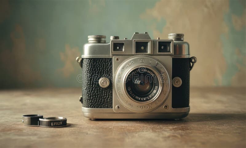 A Silver Camera with a Black Case is on a Table. Stock Illustration ...