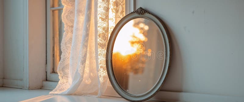 Old Oval Mirror Reflecting Sunset Light through Window Stock Photo ...