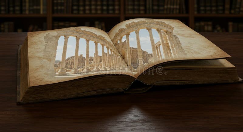 AI-generated Open Book with Ancient Ruins Image on Pages, Set on a ...