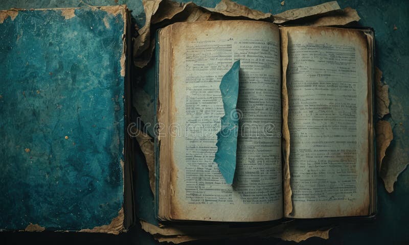 An Old Book with a Torn Page is Placed on a Table. Stock Illustration ...