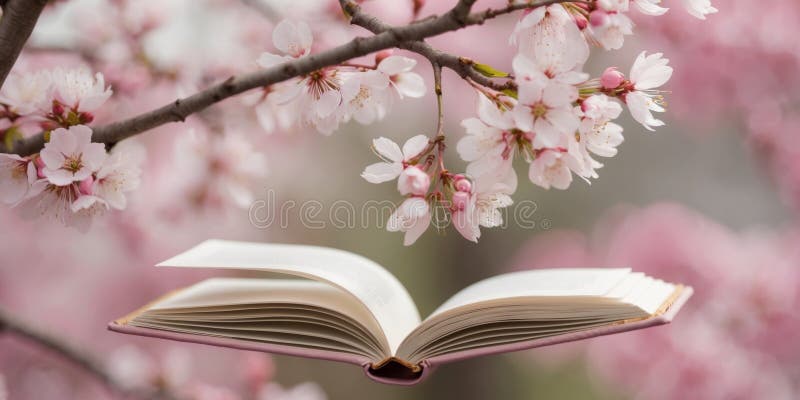 An Open Heart Shaped Book Under a Blooming Cherry Tree. Stock Image ...