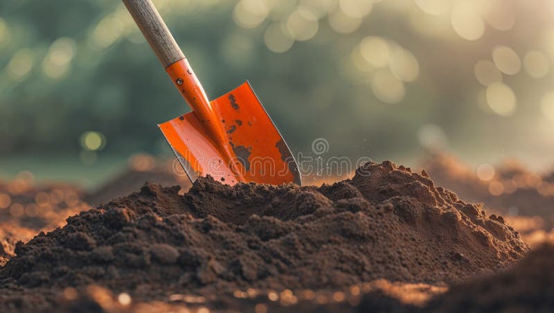 An Orange Spade is Digging into a Mound of Dark Earth Stock Photo ...