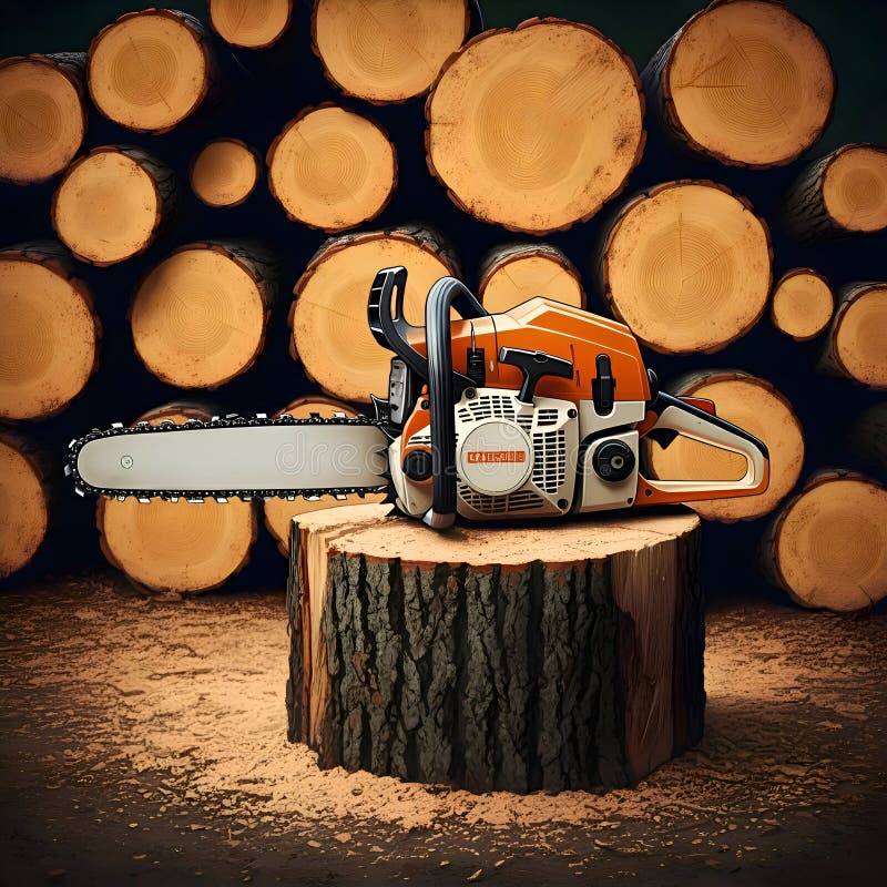AI-Generated Orange and White Chainsaw on Tree Stump Surrounded by Logs ...