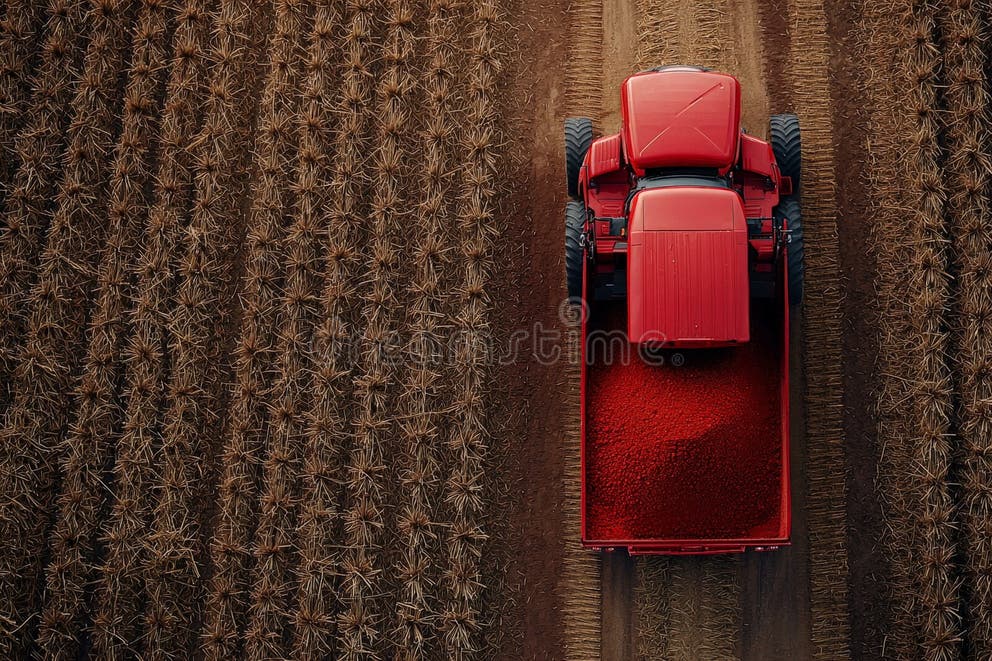 Overhead Shot of a Red Tractor Working on a Brown Tilled Field Creating ...